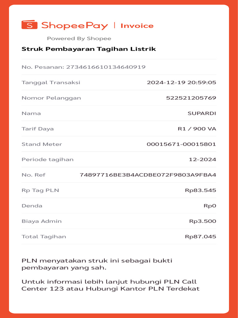 Invoice: Struk Pembayaran Tagihan Listrik | PDF