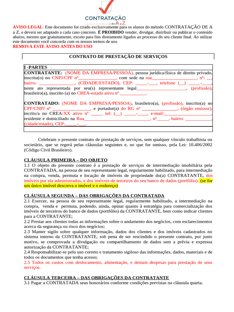 Contrato de Prestação de Serviços Imobiliários | PDF | Sindicato ...