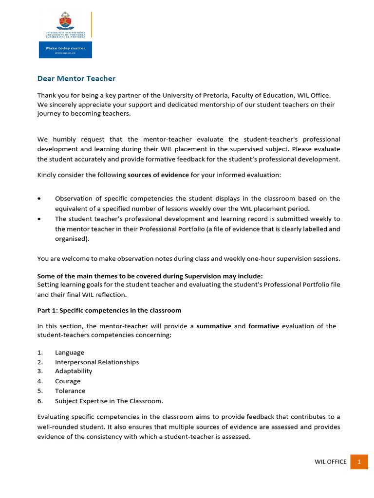 WIL_Mentor_Teacher_Assessment_Form(1) | PDF | Educational Assessment | Mentorship