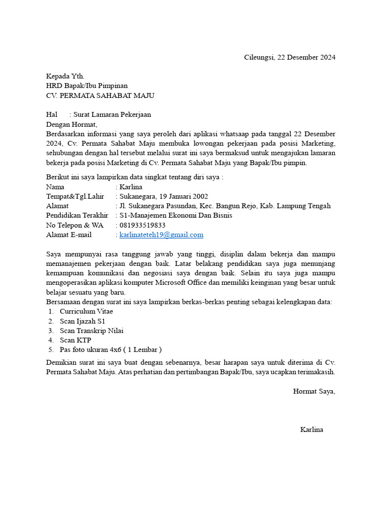 SURAT LAMARAN KERJA Karlina Cv. Permata Sahabat Maju | PDF