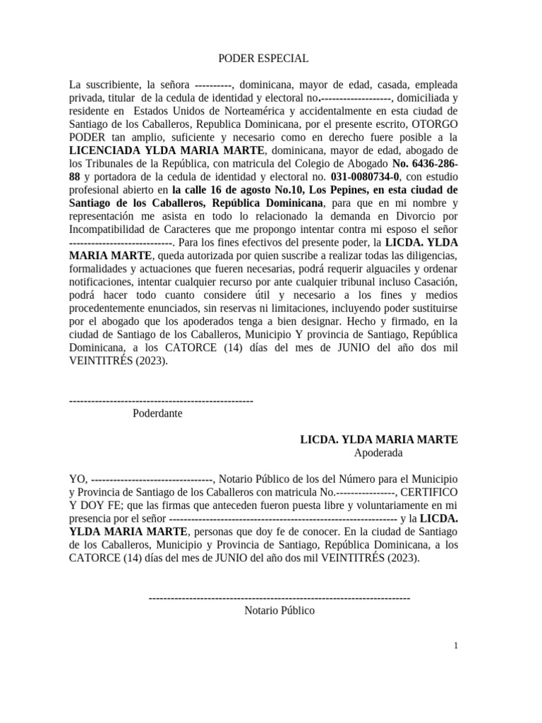 Modelo Poder Especial Divorcio Por Incompatibilidad Dado A Ylda Marte | PDF | Abogado ...