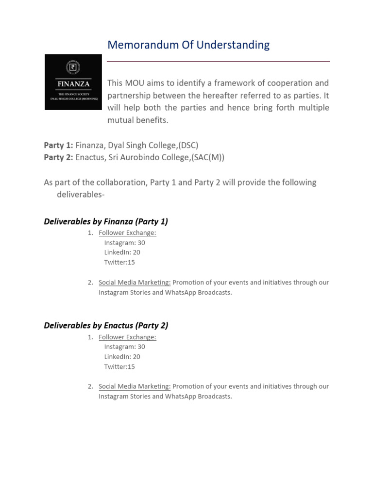 MOU Between Finanza DSC and Enactus SAC | PDF