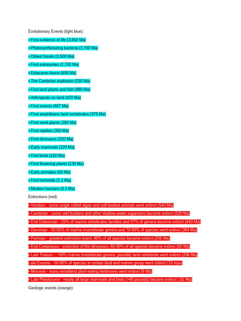 Key Evolutionary Events and Extinctions | PDF