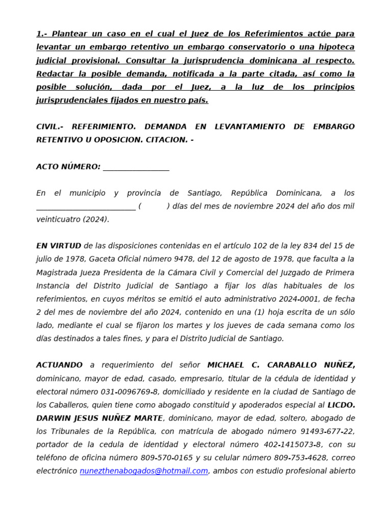 Demanda en Levantamiento de Embargo Retentivo | PDF | Caso de ley ...