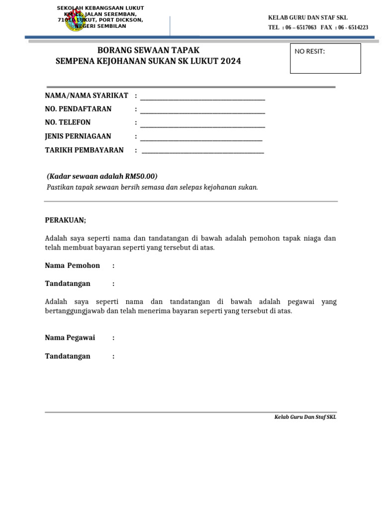Borang Sewa Tapak SK Lukut | PDF