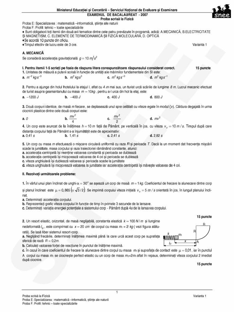 BAC 2007 D Fizica Mecanica - Subiecte Propuse | PDF