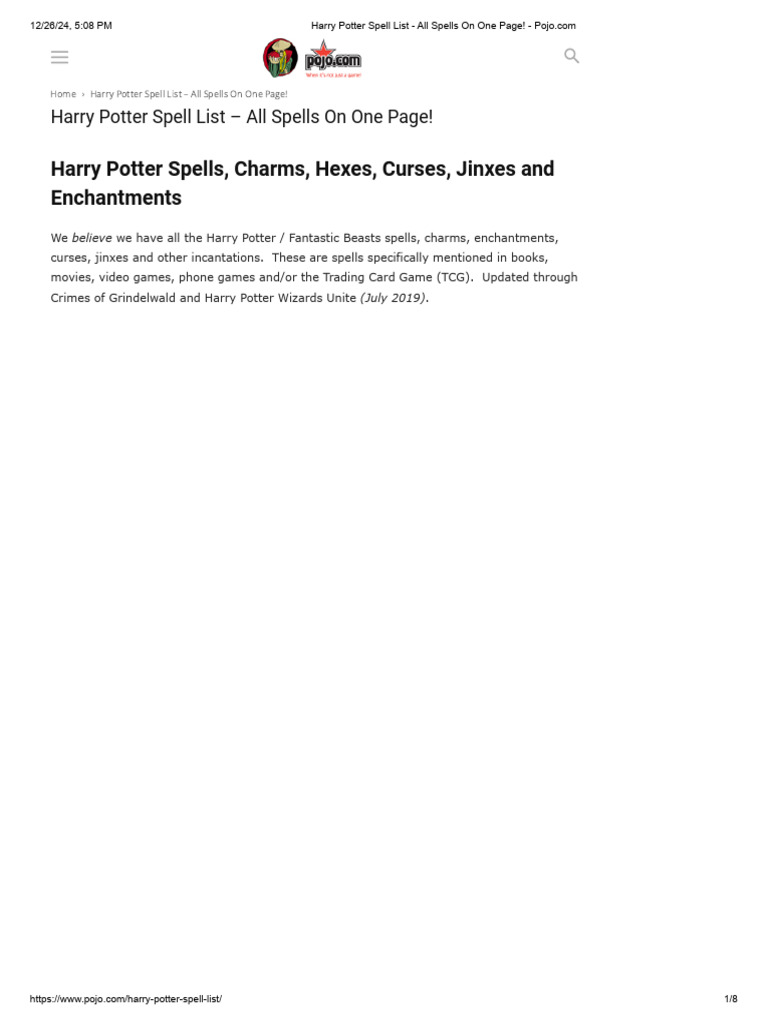 Harry Potter Spell List | PDF | Harry Potter | Mythological Powers