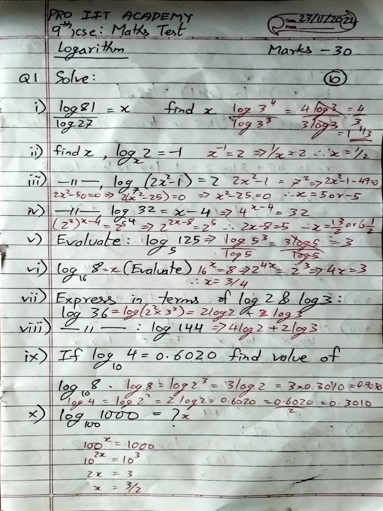 Logarithm Test Solutions | PDF