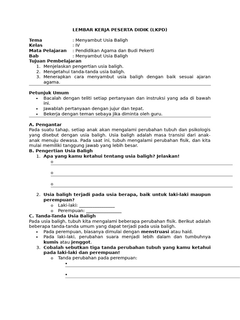LKPD Menyambut Usia Baligh Kelas 4 | PDF