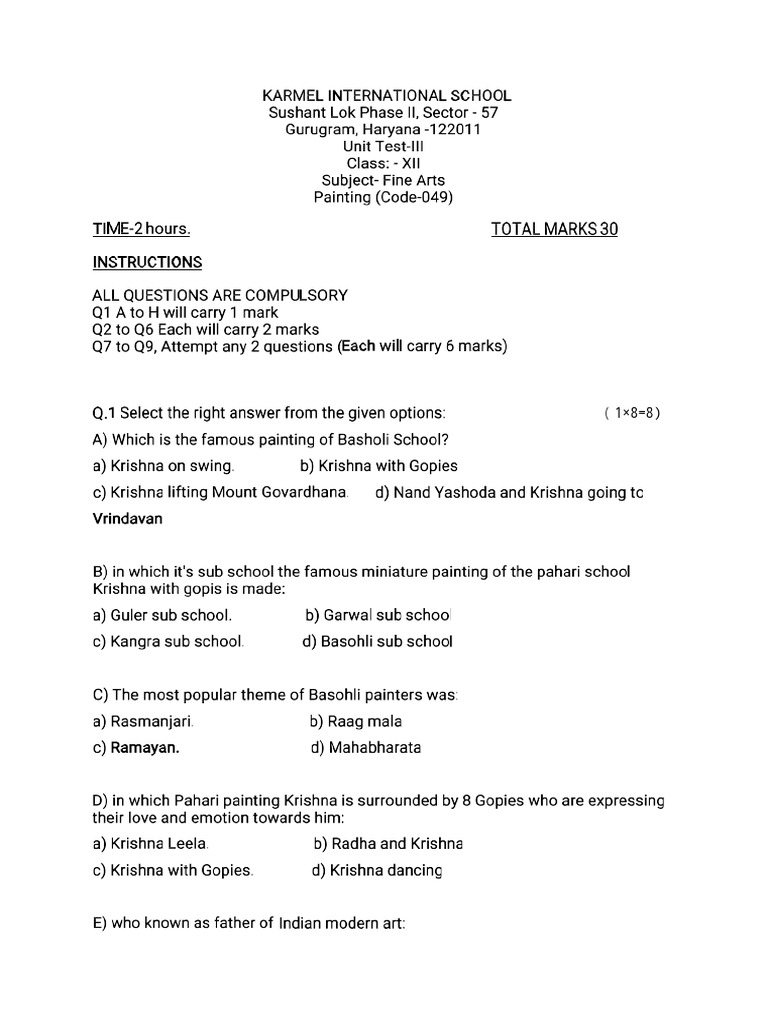 Fine art class 12 Ut3rd (1) | PDF