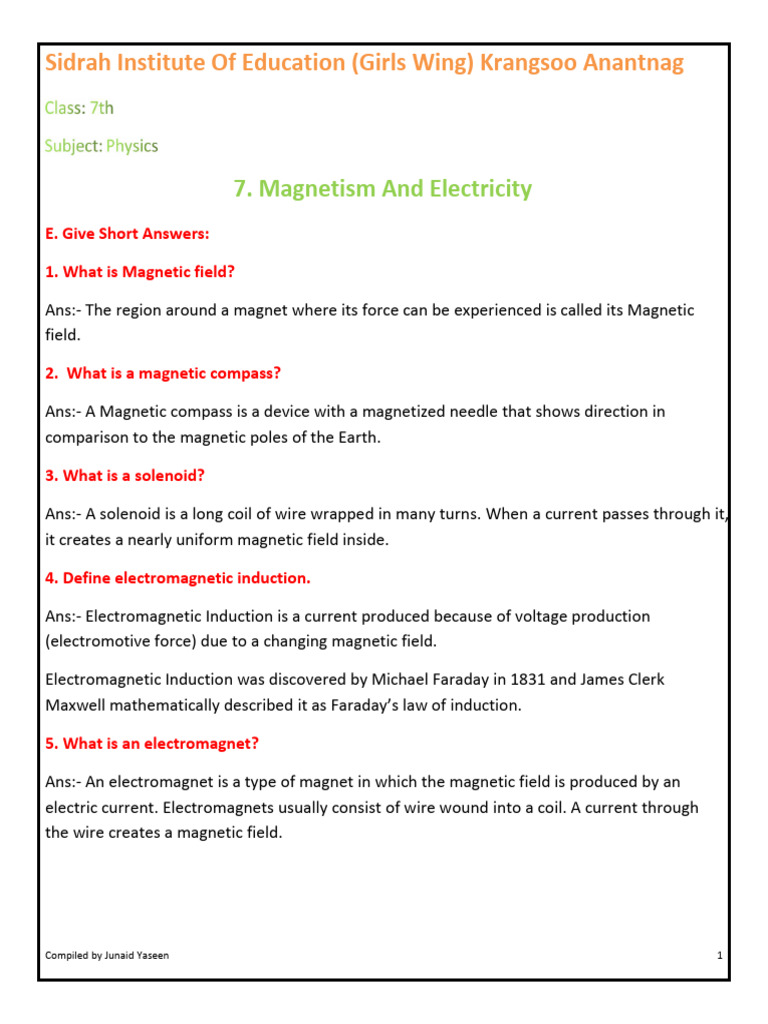 7th Phy 7electromagnetism | PDF | Electromagnetic Induction | Magnetic ...