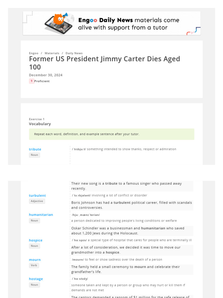 Former US President Jimmy Carter Dies Aged 100 - Engoo Daily News | PDF ...