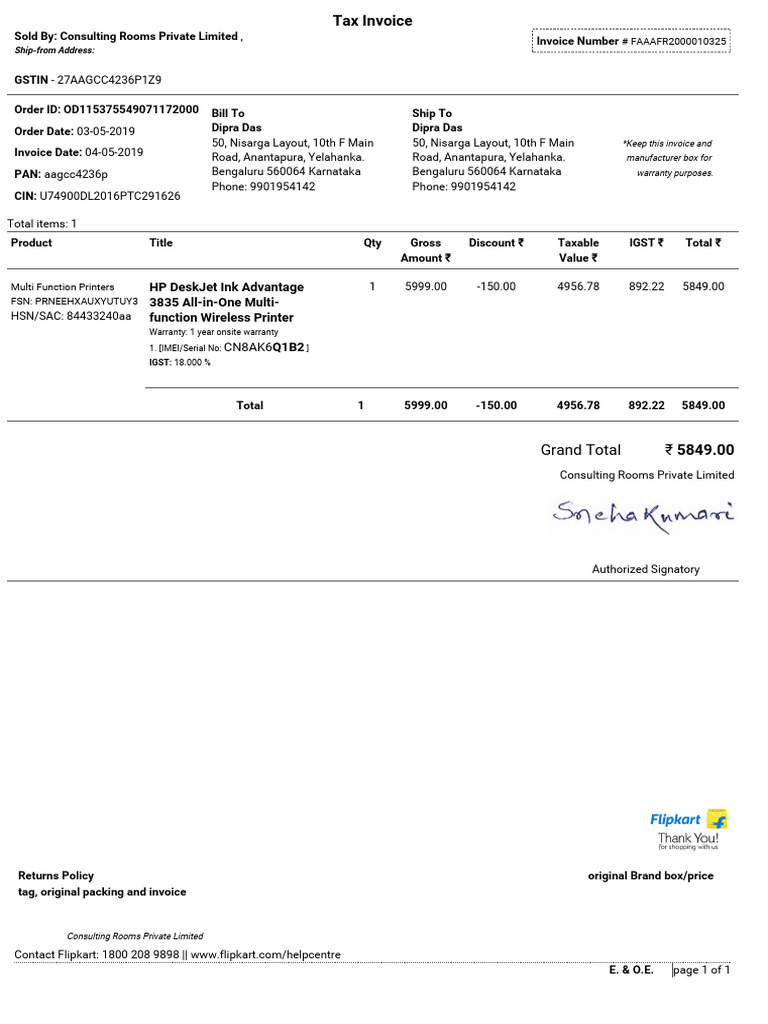 Invoice OD115375549071172000- HP Printer | PDF