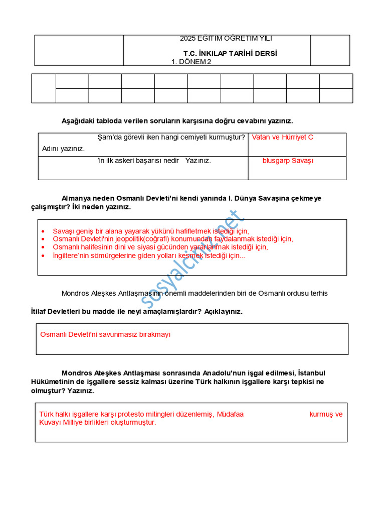 2024 2025 8. Sinif T.C. Inkilap Tarihi 1.donem 2. Yazili 9 Soru Cevapli | PDF