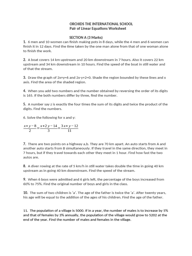 Grade 10-Maths-Pair of Linear Equations Worksheet1 | PDF | Mathematics ...