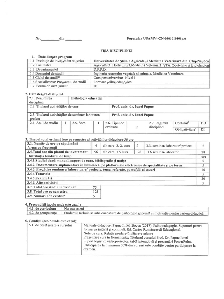 Fisa Psihologia Educatiei 2024 | PDF