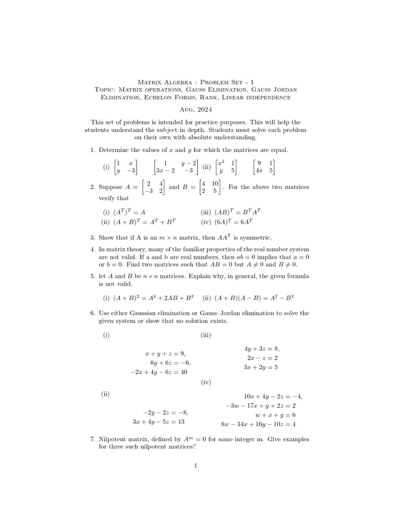 UEM - Problem Set - Matrix - 1 | PDF | Matrix (Mathematics) | Mathematics