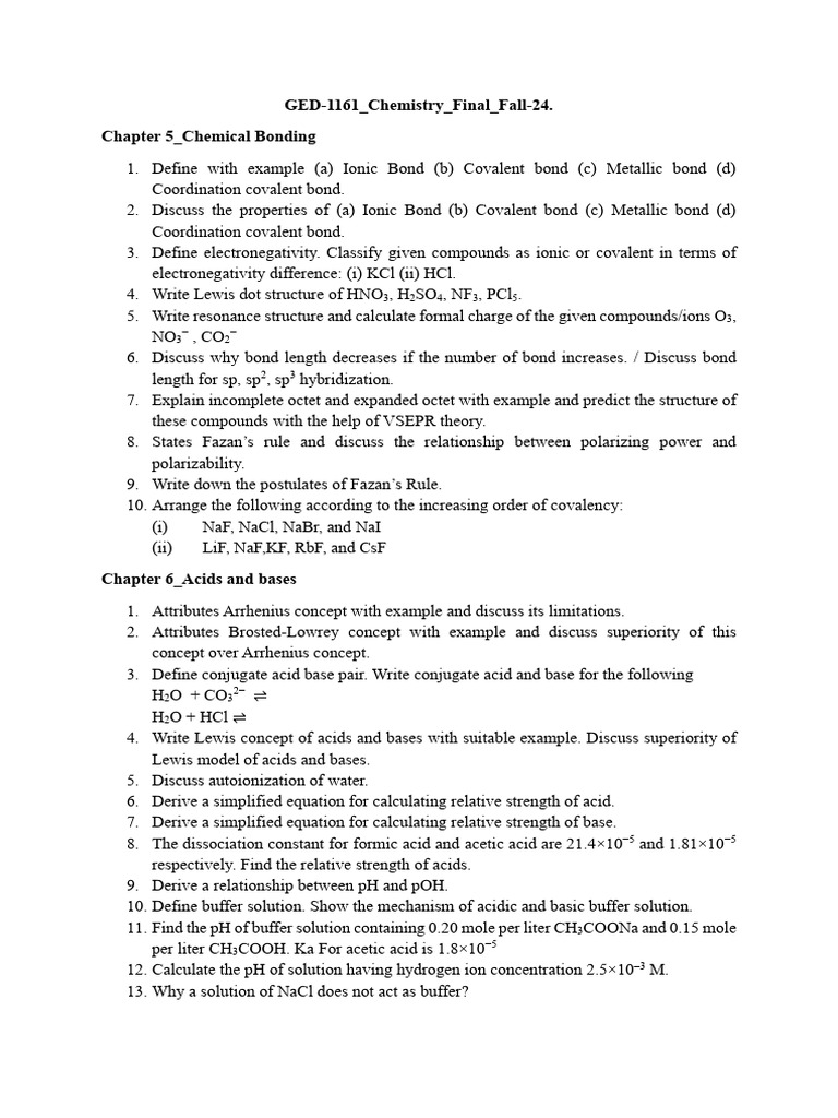 GED-1161 Chemistry Final Fall-24 Suggestion | PDF | Chemical ...
