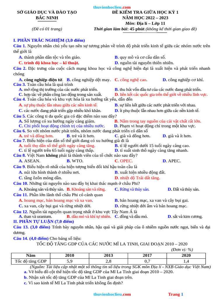 De KT Giua HK1 Dia Li 11 So GD Bac Ninh 2022 2023 | PDF