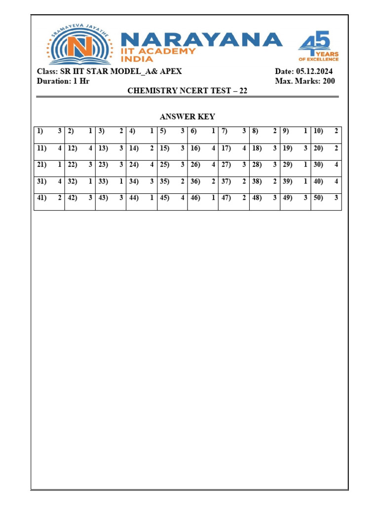 05-12-2024 SR Iit Star Model A&apex Chemistry Ncert Test-22 Key | PDF