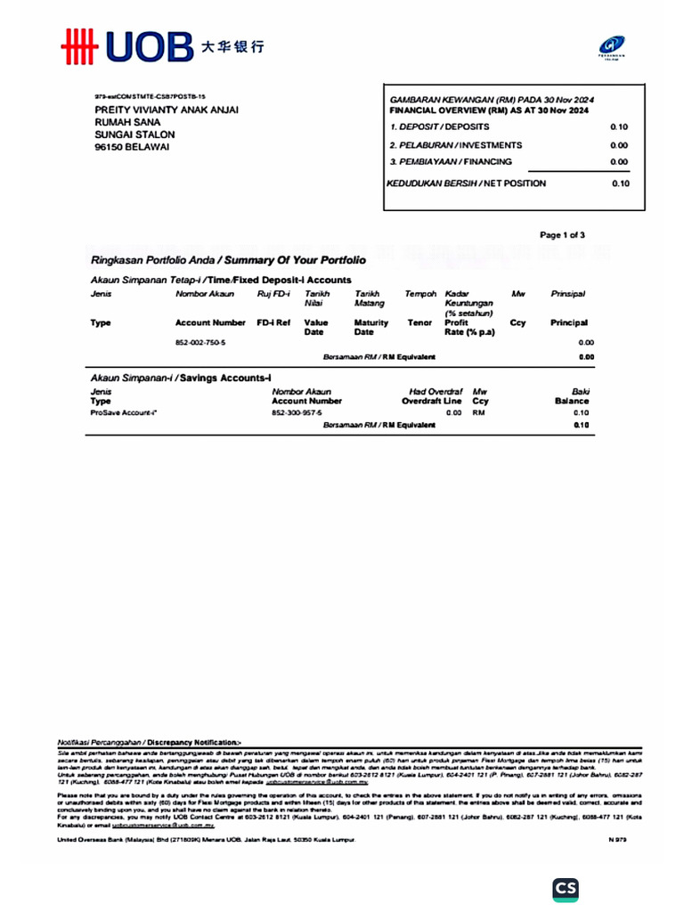 Penyata Bank UOB | PDF