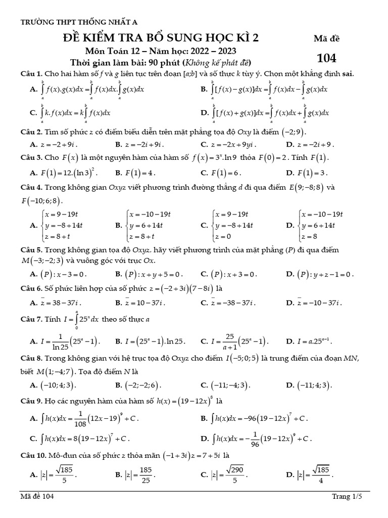 Ma_de_104 DE KT BO SUNG TOAN 12 - HK2 - NAM 2023 | PDF