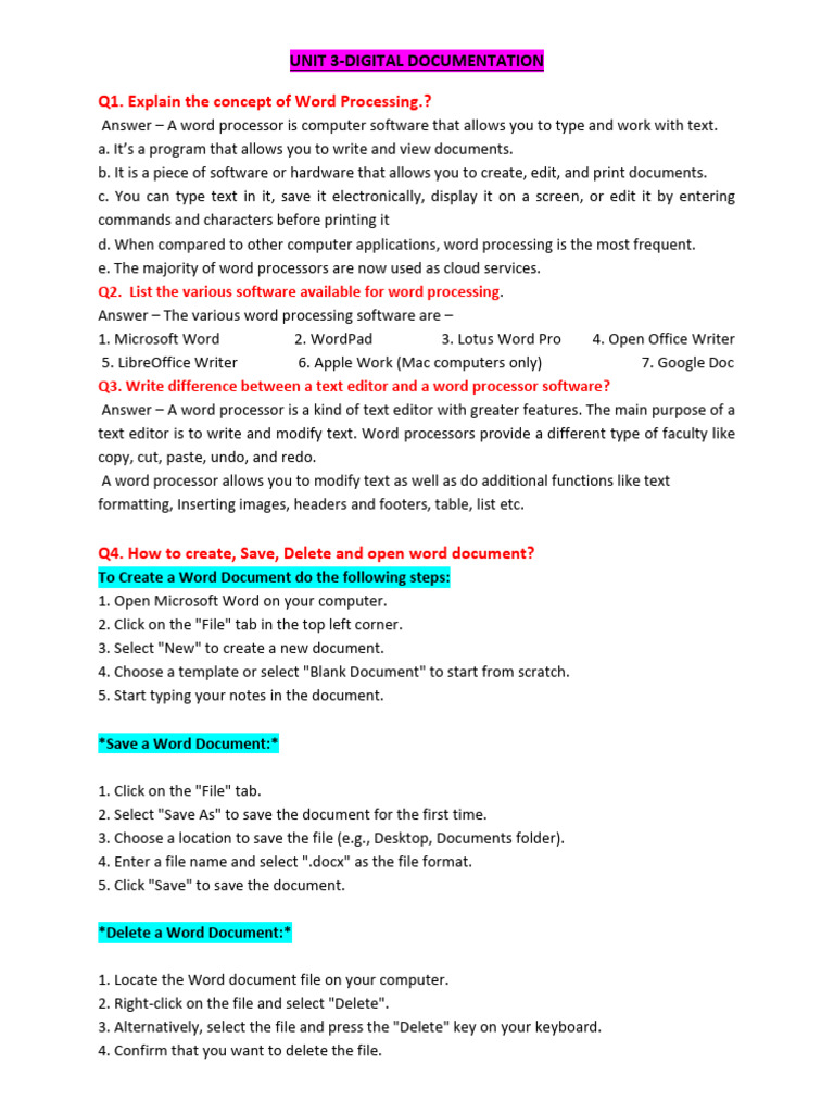 UNIT 3 Digital Documentation 9th 2024 | PDF | Microsoft Word | Word Processor