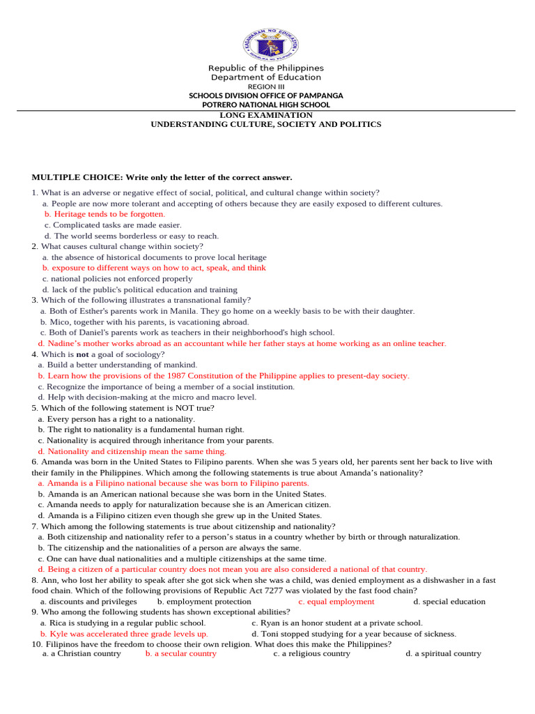 Long Quiz Ucsp With Answer Keys | PDF | Naturalization | Citizenship