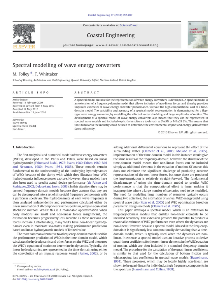2010 Spectral Modelling of Wave Energy Converters | PDF | Spectral Density | Waves