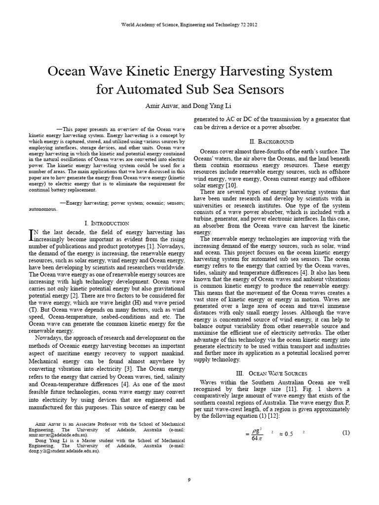 2012 Ocean Wave Kinetic Energy Harvesting System for Automated Sub Sea ...