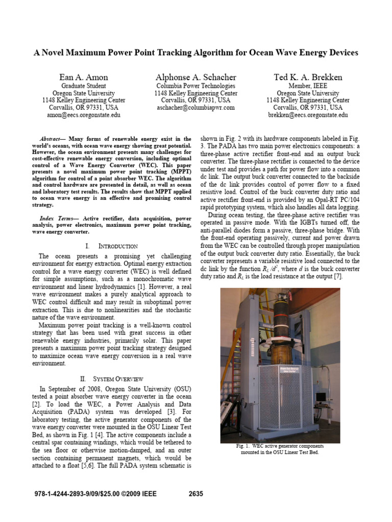 2009 Brekken A Novel Maximum Power Point Tracking Algorithm For Ocean Wave Energy Devices | PDF ...