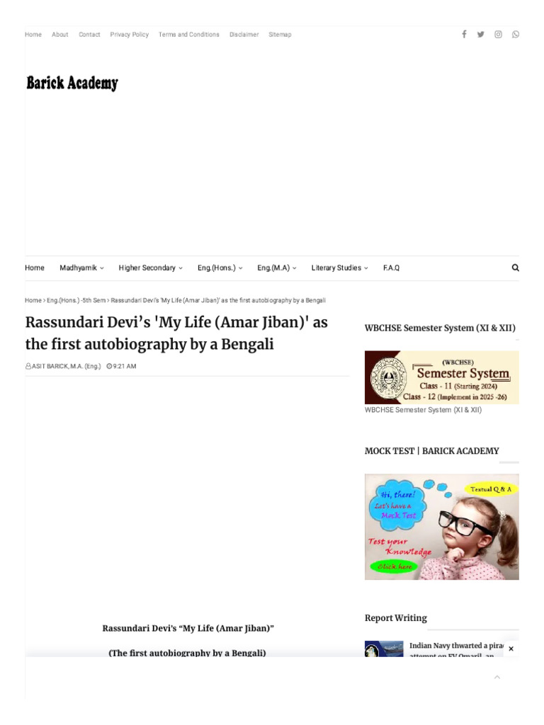 Rassundari Devi's 'My Life (Amar Jiban) ' As The First Autobiography by ...