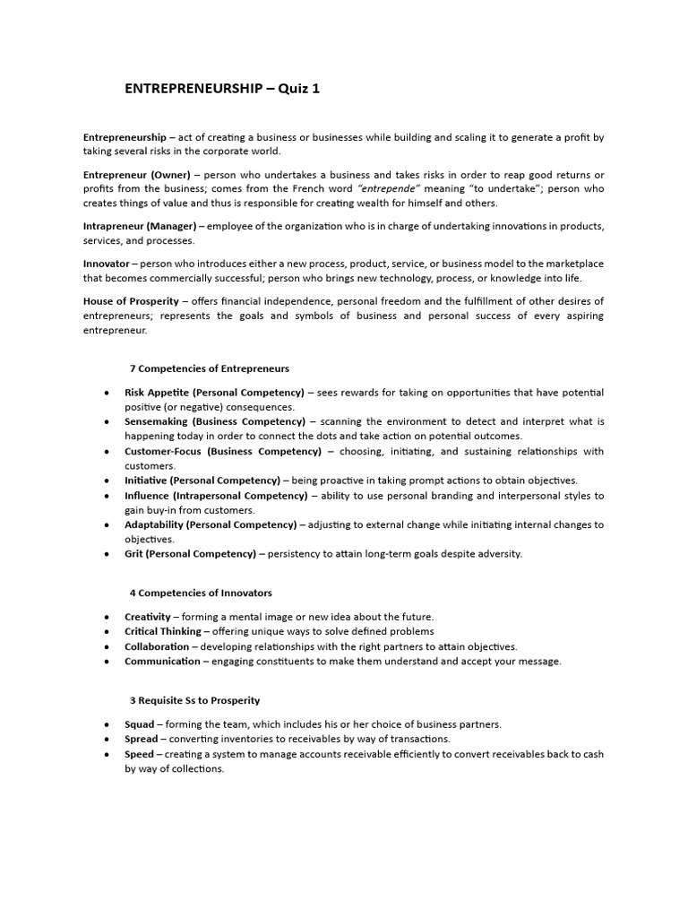 Entrepreneurship Quiz: Key Concepts & Skills | PDF | Entrepreneurship | Psychological Concepts