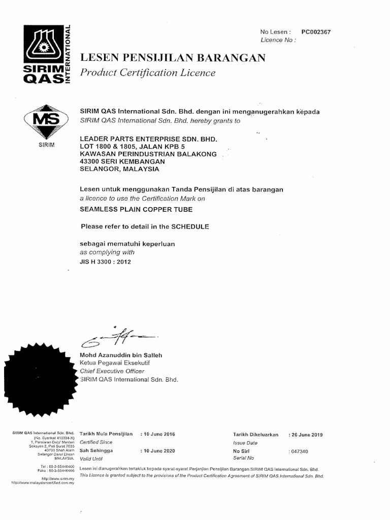 SIRIM Certification for Copper Tubes | PDF