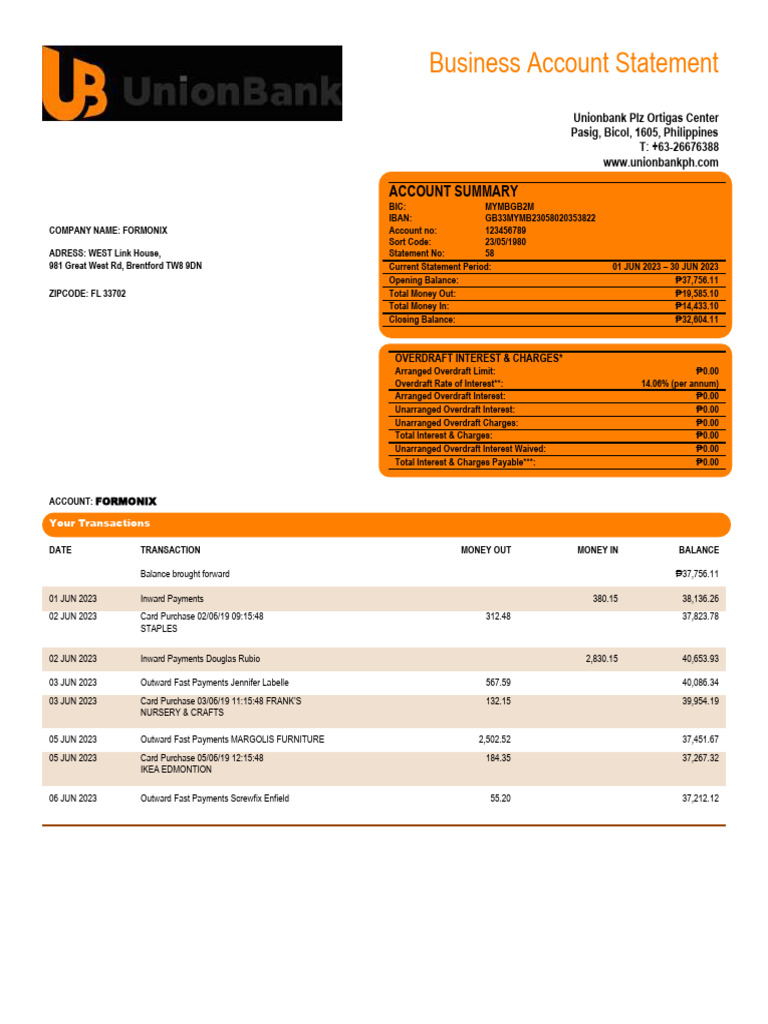 Union Bank of The Philippines Business Statement Word and PDF Template | PDF | Overdraft | Payments