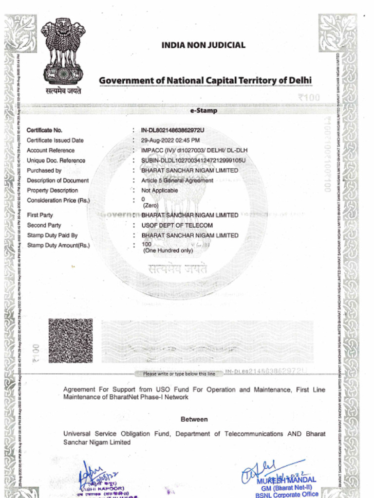 BharatNet - Phase - I Agreemrnt With USOF and Jio | PDF