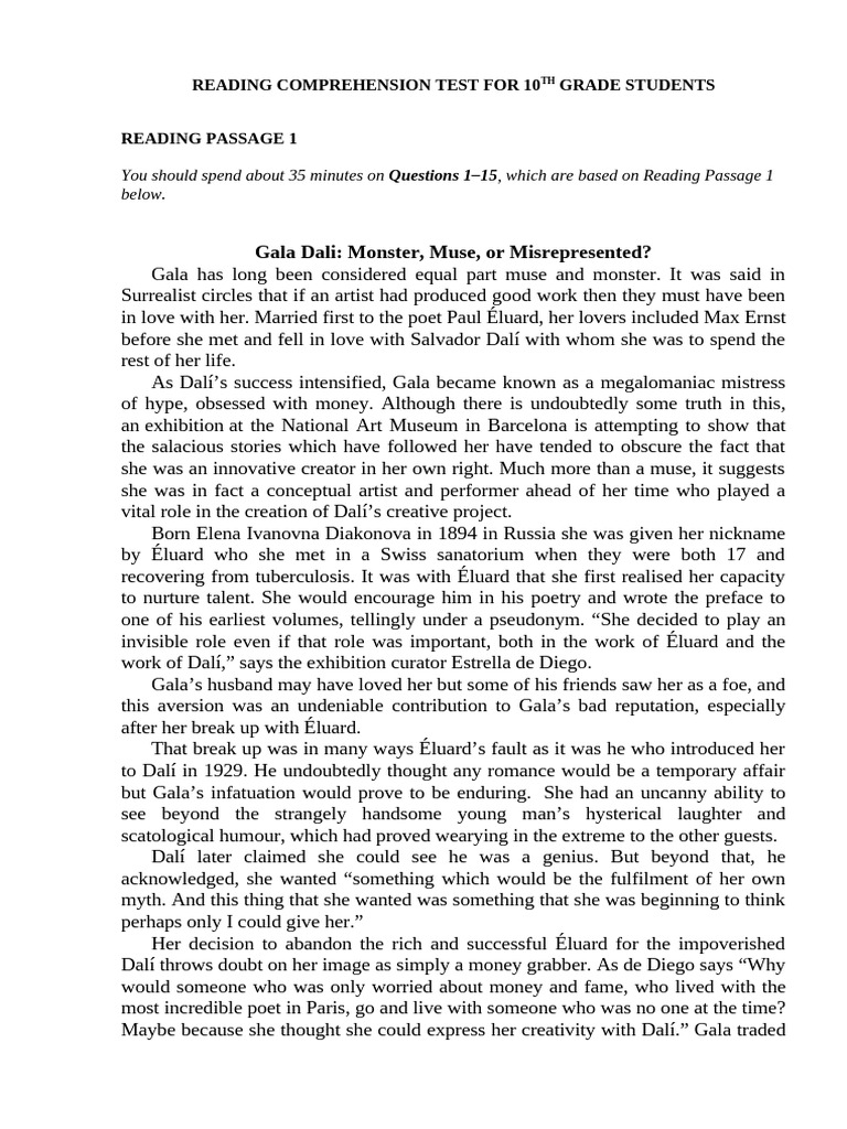 Reading Comprehension Test For 10th Grade Students | PDF | Chicken ...