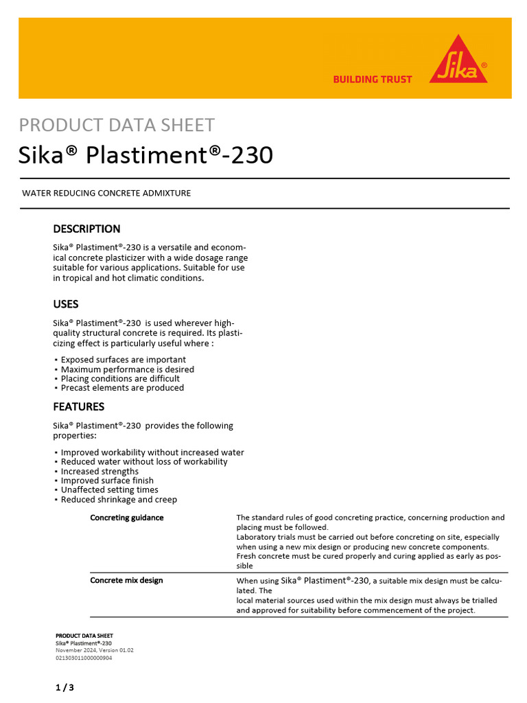 sika-plastiment-230 | PDF | Concrete | Materials