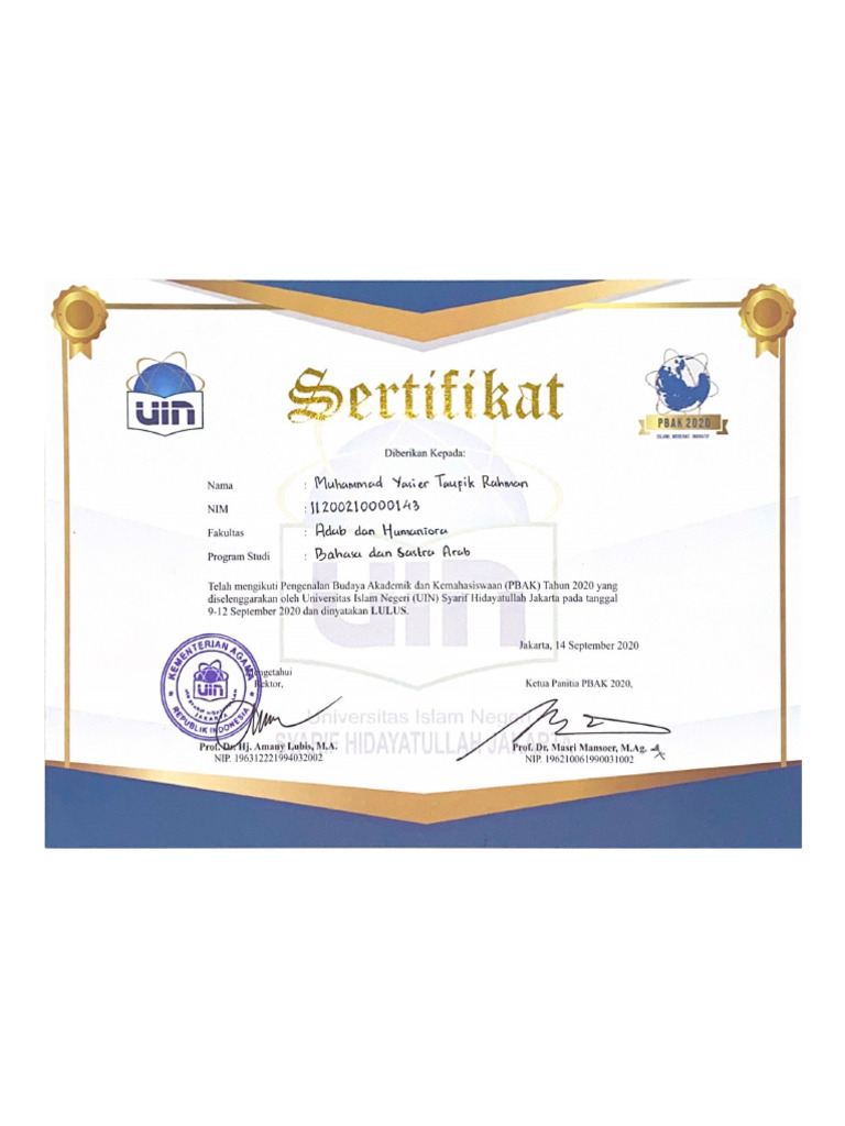 Sertifikat PBAK Yasier | PDF