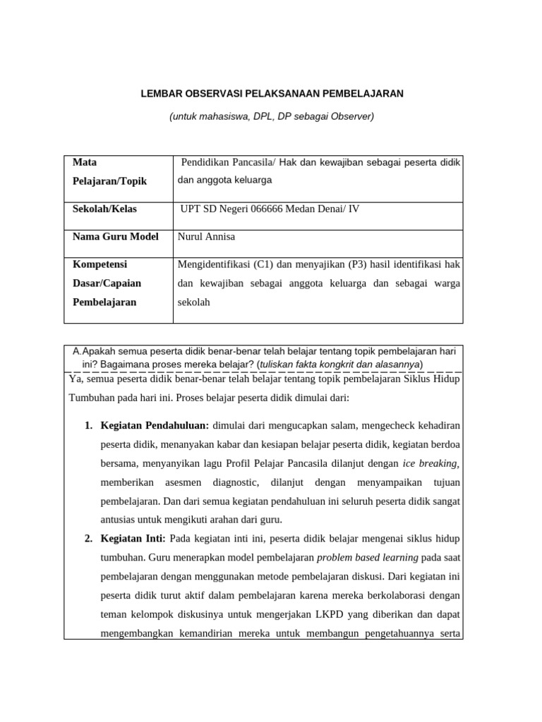 Lampiran 5. LK 4 Format Lembar Observasi Pelaksanaan Pembelajaran Untuk Observer | PDF