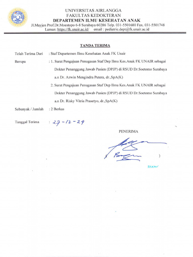 Tanda Terima Surat Pengajuan Staff FK IKA Ke Rektor, Wadek 2, UP 27 Des ...