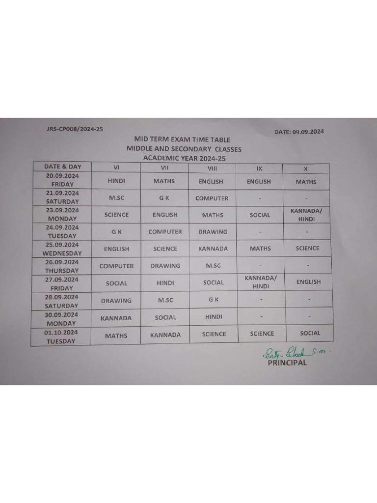 MID TERM EXAM TIME TABLE FOR class X2024-25 | PDF