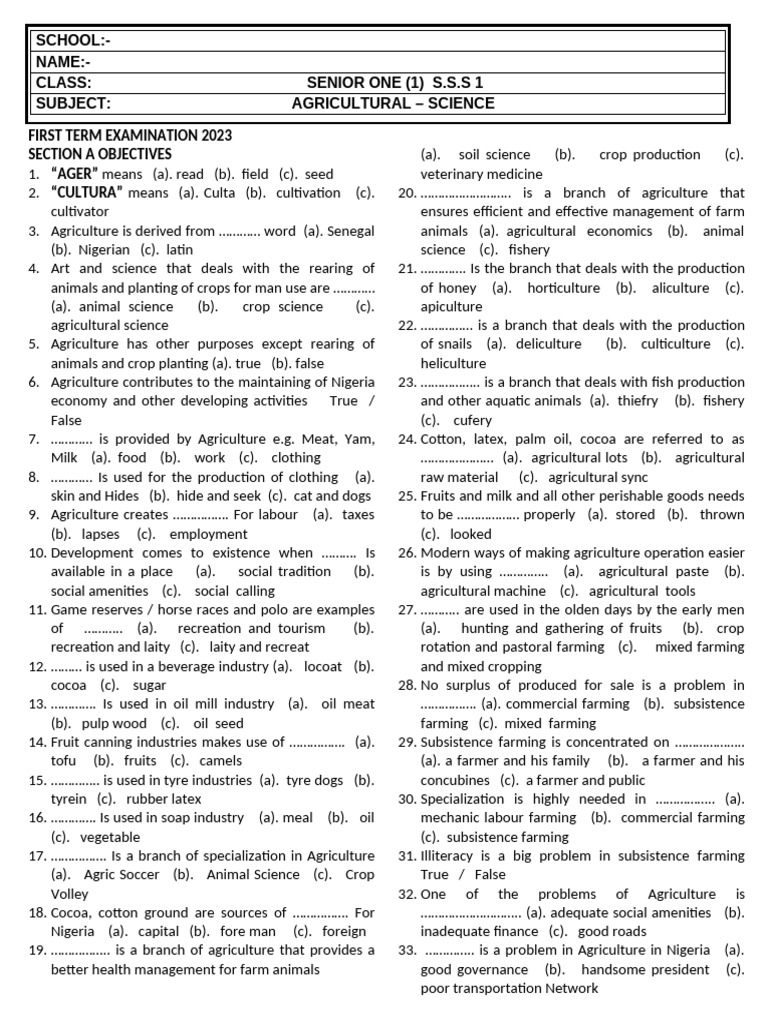 Agric Science SS1 Exam 1ST Term | PDF | Agriculture | Horticulture