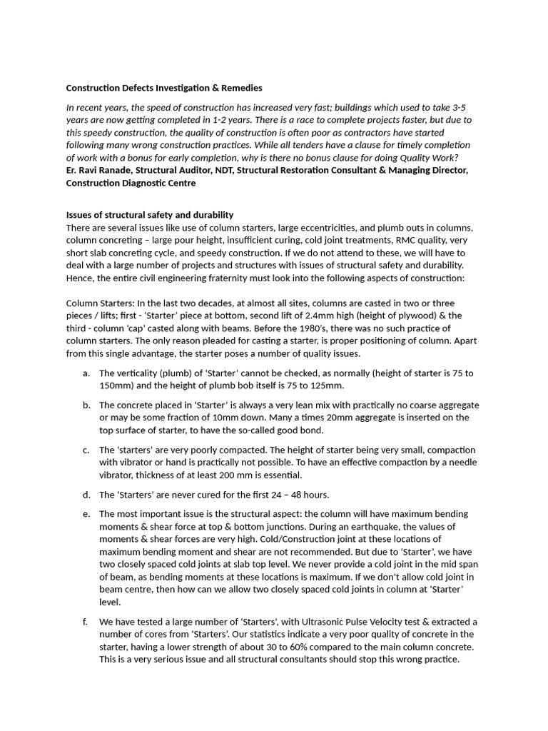 Construction Defects: Causes & Solutions | PDF | Concrete | Column