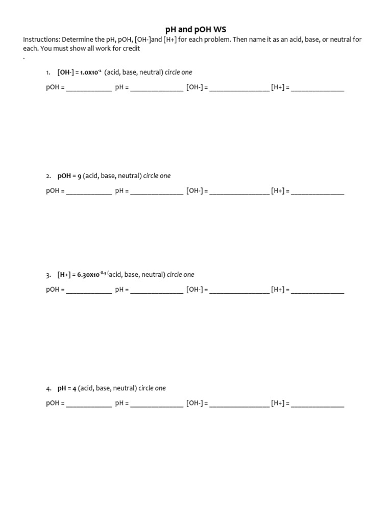 pH and pOH Calculation Worksheet | PDF