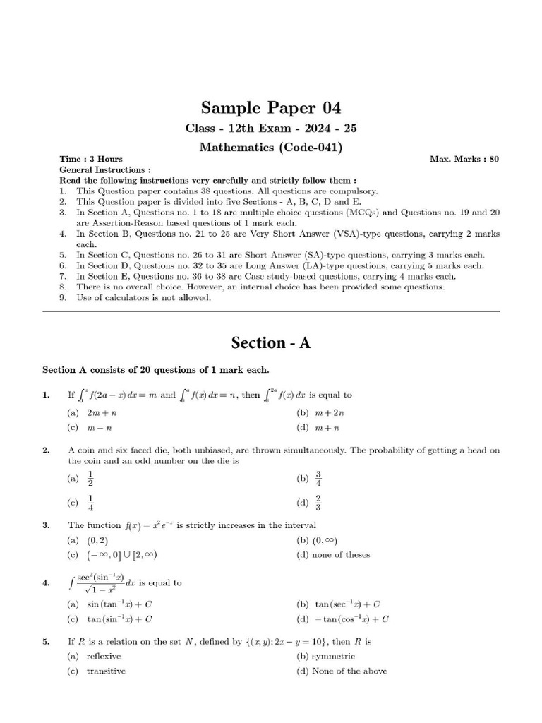 Maths Class 12 QP | PDF
