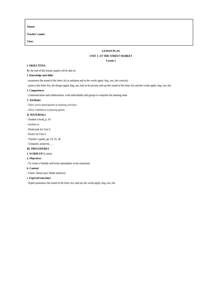 Lesson Plan: Unit 3 - Street Market | PDF | Teachers | Lesson Plan