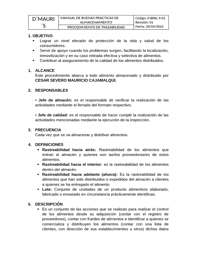 Bpal 09 Procedimiento Trazabilidad | PDF | Alimentos