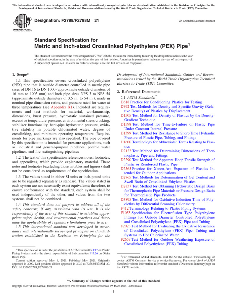 ASTM F2788-F2788M-21 - PEX Pipe - Spec | PDF | Pipe (Fluid Conveyance) | Strength Of Materials