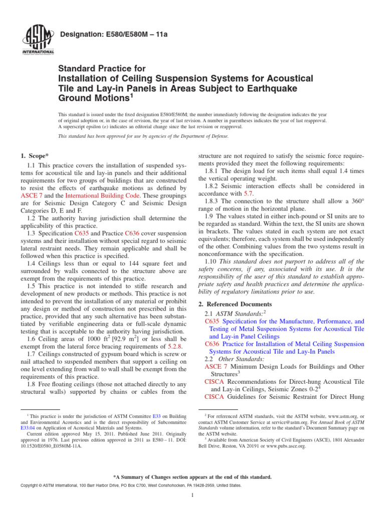 ASTM E580 - E580M-11a - Ceiling Suspension Systems For Panel Ceilings in Earthquake Areas ...